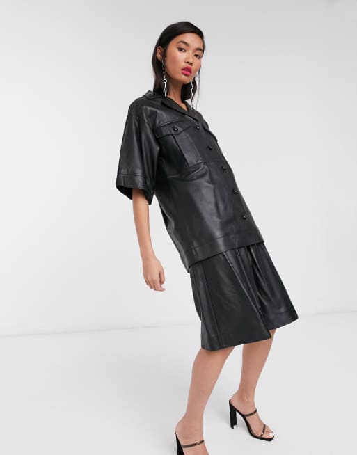 Topshop Boutique leather utility shirt in black | ASOS