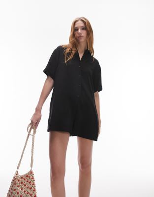 Topshop button down romper playsuit in black linen | ASOS