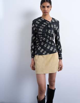 Topshop check print ruched asymmetric long sleeve top in black | ASOS