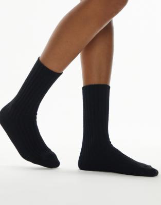 Topshop chunky ribbed fold down socks in black | ASOS