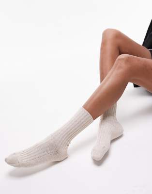 Topshop chunky ribbed fold down socks in stone | ASOS