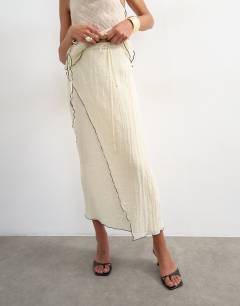 Co-ord crinkle wrap midi skirt with contrast stitching in ecru | Topshop
