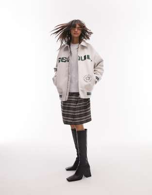 Topshop collared varsity bomber jacket with seoul graphic in cream | ASOS