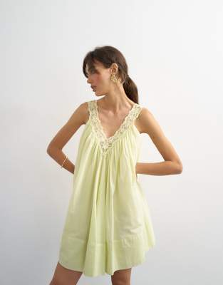 Cotton deep v lace trapeze mini dress in washed lime | Topshop
