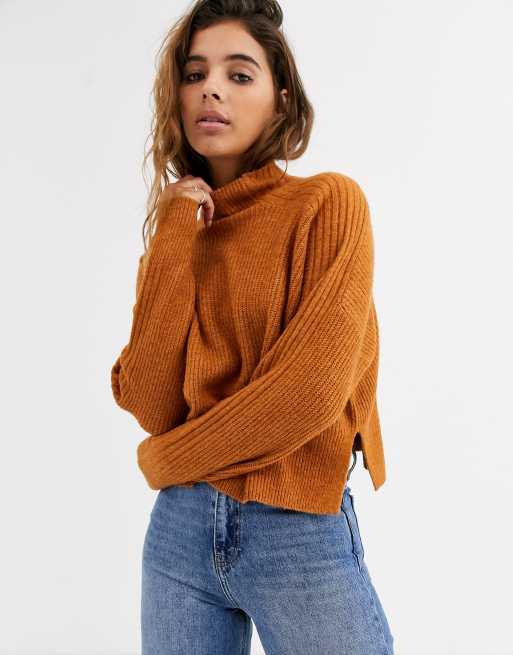 Topshop crop jumper with roll neck in camel | ASOS