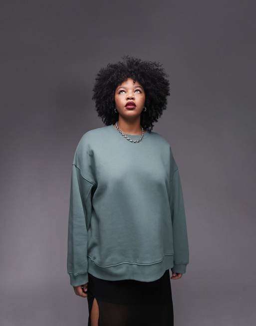 Topshop Curve premium crew neck seam detail sweat in green | ASOS