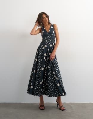 Deep v neck maxi dress in navy polka dot | Topshop
