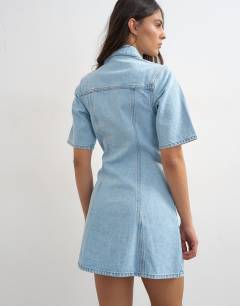 Denim short sleeve button down mini dress bleach | Topshop
