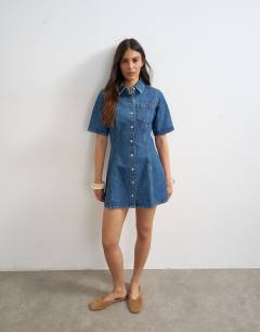 Denim short sleeve button down mini dress mid blue | Topshop