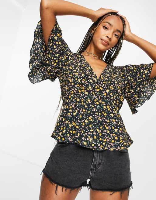 Topshop double frill sleeve tea top in floral black and yellow | ASOS