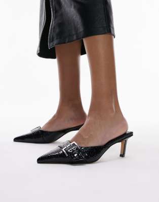 Topshop Eden buckle detail pointed mid heel pumps in black croc | ASOS