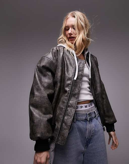 Topshop faux leather bomber jacket in washed brown | ASOS Topshop faux leather bomber jacket in washed brown | ASOS