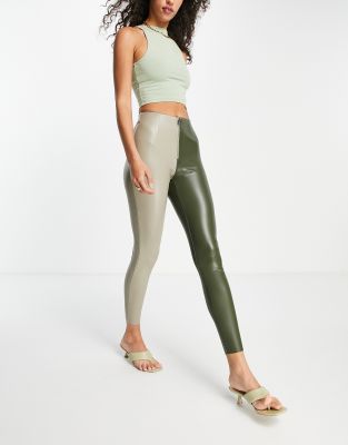 Topshop faux leather contrast zip fly legging in sage and khaki | ASOS