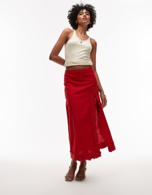 Topshop floral cutwork midi skirt with split in red | ASOS