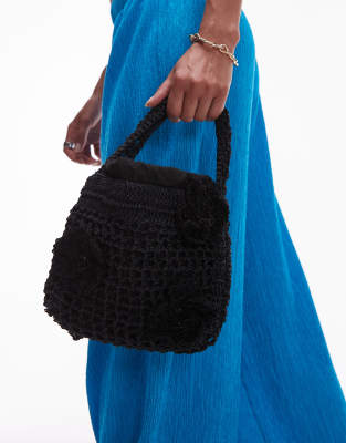Topshop Gea floral raffia grab bag in black | ASOS