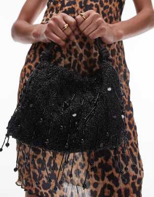Topshop Giami beaded grab bag with satin handle in black | ASOS