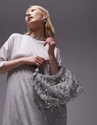 Topshop Giami beaded grab bag with satin handle in silver | ASOS