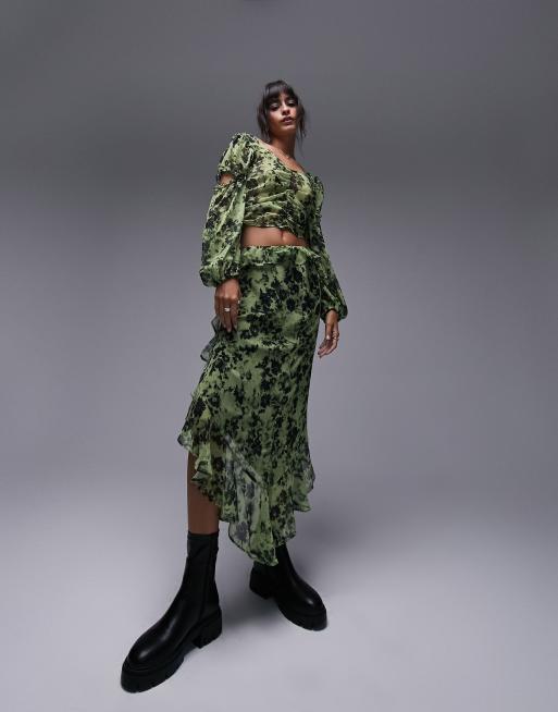 Topshop Gonna Midi Verde A Fiori Con Volant E Bordi Grezzi In