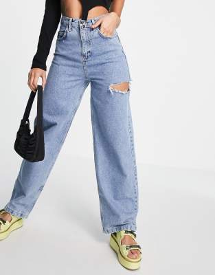 Topshop high rise Baggy jeans with side rip in mid blue | ASOS