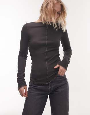 Topshop – Hochwertiges, langärmliges Basic-Oberteil in Anthrazit mit U ...
