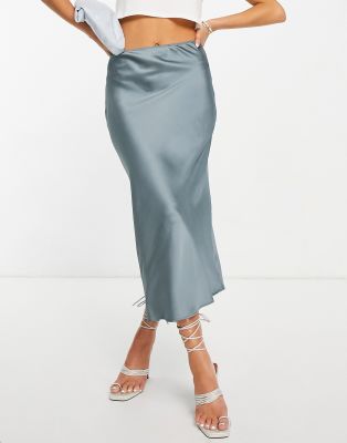 Topshop - Jupe mi-longue effet satin coupée en biais - Bleu cendré | ASOS