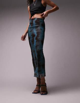 Topshop - Jupe mi-longue en tulle à effet tie-dye - Bleu et marron | ASOS