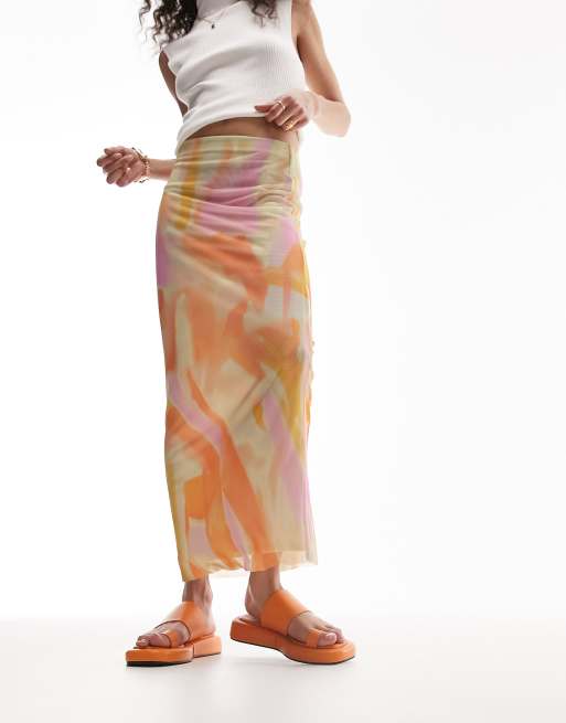 Topshop - Jupe mi-longue en tulle à imprimé aquarelle - Rose | ASOS