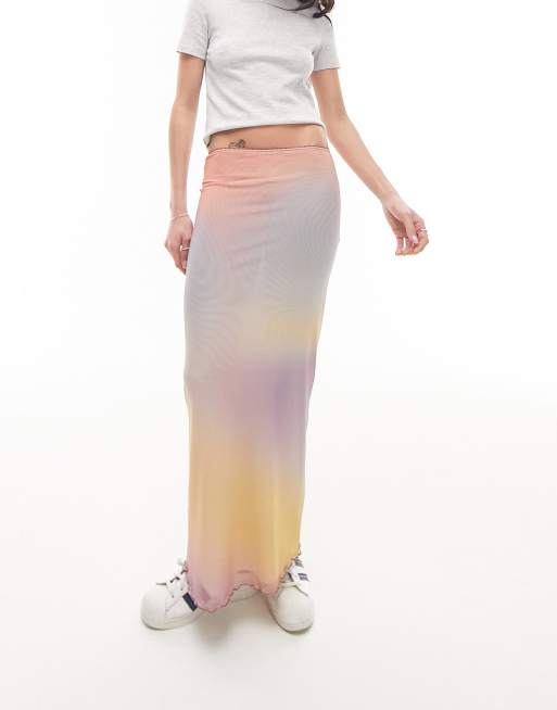 Topshop - Jupe mi-longue en tulle à imprimé pastel flouté et bords à picots - Multicolore | ASOS