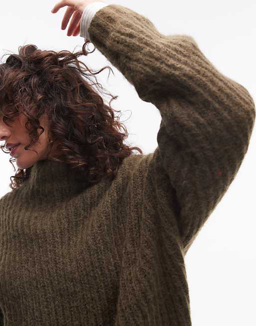 Topshop knit fluffy high neck oversized sweater in khaki | ASOS Topshop knit fluffy high neck oversized sweater in khaki | ASOS