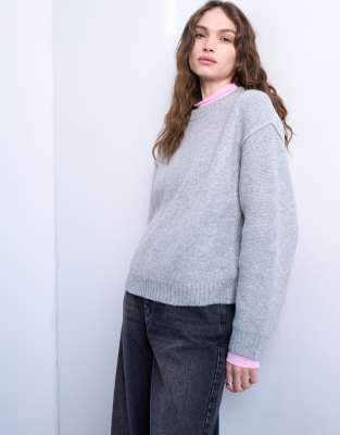 Knitted boxy wide sleeve mid crew jumper in grey | Topshop