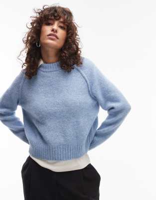Topshop knitted crew with raglan and exposed seam jumper in light blue ...