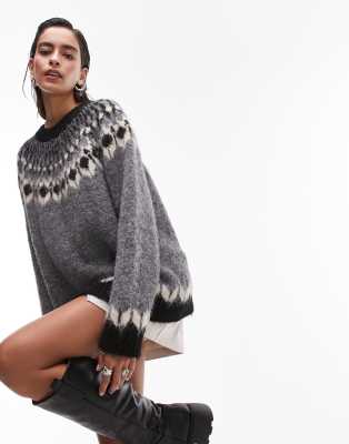 Topshop knitted fluffy fair isle jumper in grey | ASOS