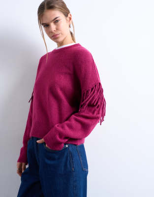 Topshop knitted fringe detail jumper in plum | ASOS