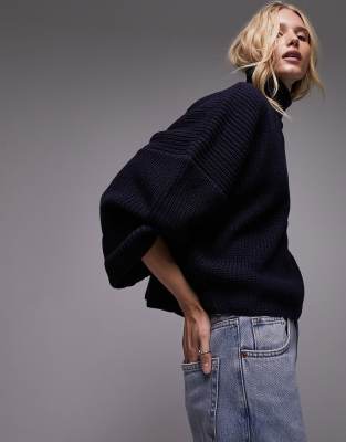 Topshop knitted high neck drop shoulder jumper with wool in navy | ASOS