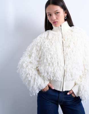 Knitted loop funnel zip through in ivory | Topshop