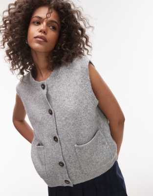 Topshop knitted oversized crew pocket waistcoat in grey | ASOS