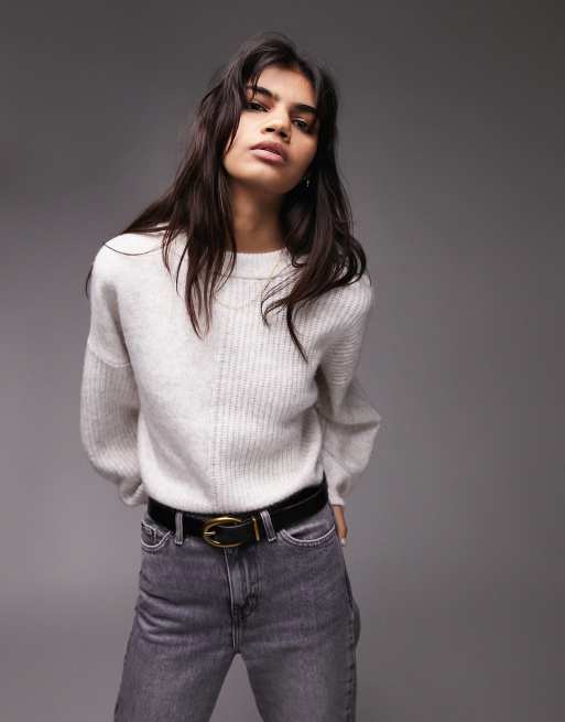 Topshop knitted ribbed panel crop jumper in neutral | ASOS