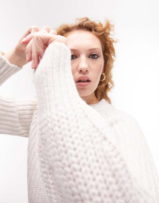 Topshop knitted rolled hem sweater in neutral | ASOS