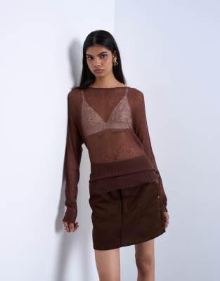 Topshop knitted sheer cinch waist top in chocolate | ASOS