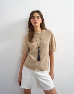 Knitted short sleeve top with roll hem trims in mink brown | Topshop