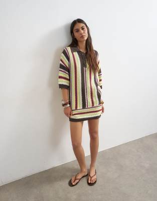 Knitted vertical stripe co-ord polo top in multi | Topshop
