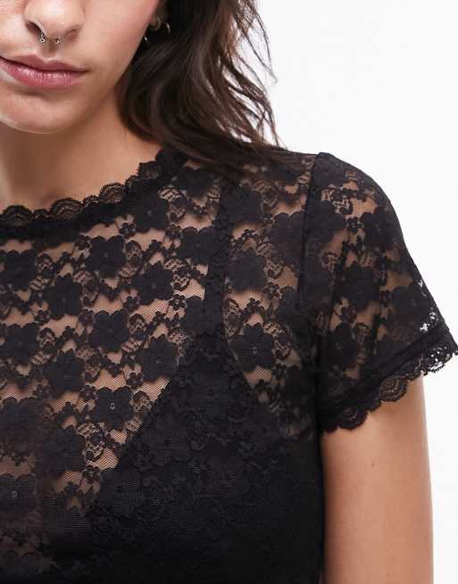 Topshop lace longline tee in black | ASOS
