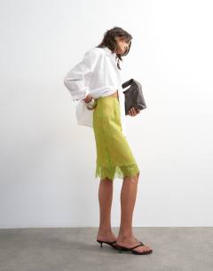 Lace midi skirt with taupe insert in lime | Topshop