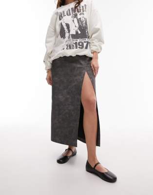 Topshop Leather Look Split Seam Midi Skirt In Distressed Gray | ModeSens
