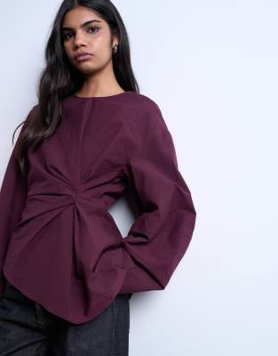 Long sleeve pleat front top in burgundy | Topshop