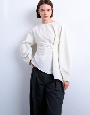 Topshop long sleeve pleat front top in ivory | ASOS