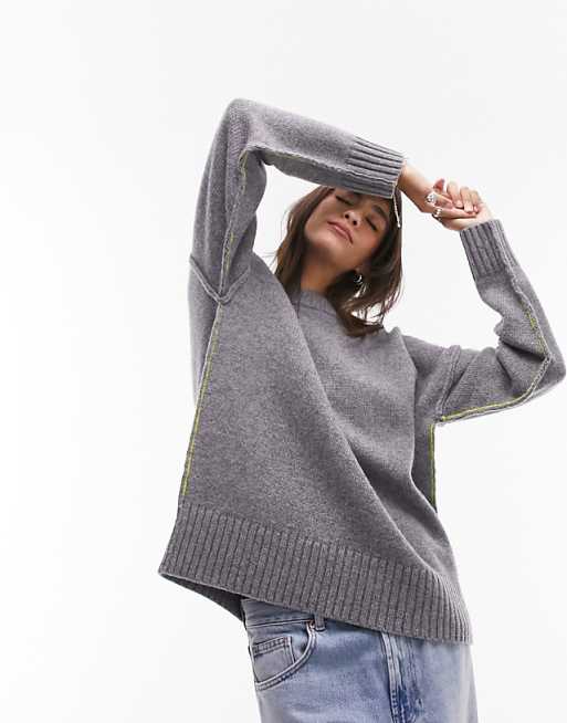 Topshop - Maglione girocollo grigio in maglia premium 100% lana d ... Topshop - Maglione girocollo grigio in maglia premium 100% lana d ...