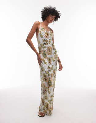 Topshop - Maxi jurk van kreukelstof met gedrapeerde halslijn en ansichtkaart- en bloemenprint | ASOS