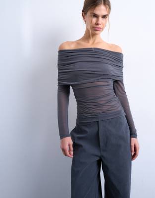 Mesh bardot fold over long sleeve top in grey | Topshop