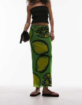 Topshop mesh lemon placement print with picot trim midi skirt in green ...